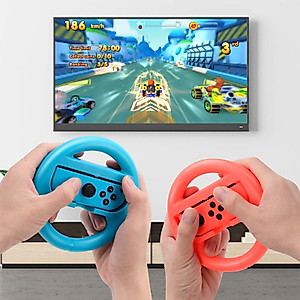 Beastron Racing Games Steering Wheel compatible with Switch Mario Kart, Joy-Con Steering Wheel, Red & Blue 2 Pack