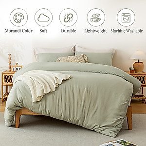 MILDLY Super Soft Duvet Cover - 100% Washed Microfiber October Mist Sage Comforter Cover Set 3 Pieces with Zipper Closure & Corner Ties (No Comforter)