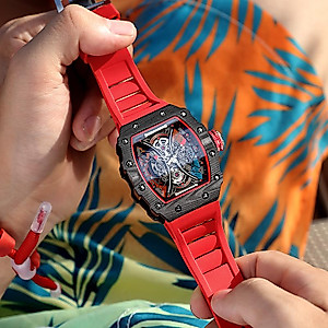 FEICE Watches for Men Automatic Skeleton Watch Waterproof Sapphire Crystal Japanese Movement Mens Wristwatch with Carbon Fiber Strap Anti Shock Business Watch FM602 B_Red