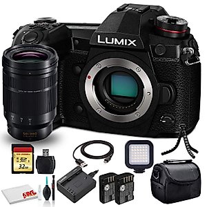 Panasonic DG 50-200mm Lens Lumix DC-G9 Mirrorless Digital Camera (Body Only) (DC-G9KBODY) - Bundle - with LED Video Light + 32GB Memory Card + DMW-BLF19 Battery + Soft Bag + More