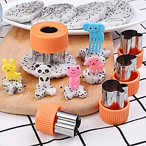 Vegetable Cutters Shapes Set, 20pcs Stainless Steel Mini Cookie Cutters, Vegetable Cutter and Fruit Stamps Mold + 20pcs Cute Cartoon Animals Food Picks and Forks -for Kids Baking and Food Supplement