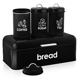 E-far Black Bread Box for Kitchen Counter, Vintage Bread Storage Container with 3 Matching Coffee Tea Sugar Canisters, Metal Bread Bin for Loaves, Muffins, Dry Food (16.7” x 9” x 6.4”)