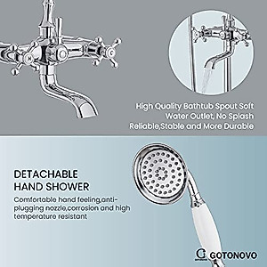 gotonovo Freestanding Bathtub Faucet Polished Chrome Floor Mount Tub Filler Double Cross Knobs Bathroom Mixing Tap with Handheld Shower Telephone Shape
