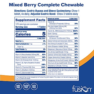 Bariatric Fusion Mixed Berry Complete Chewable Bariatric Multivitamin with Iron for Bariatric Surgery Patients Including Gastric Bypass and Sleeve Gastrectomy - 120 Tablets