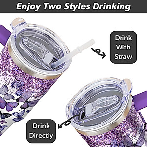 Thmasamwr Butterfly Tumbler With Lid, Straw and Handle - 40oz Stainless Steel Travel Coffee Mug Water Bottle - Gift Cups for Women and Girls