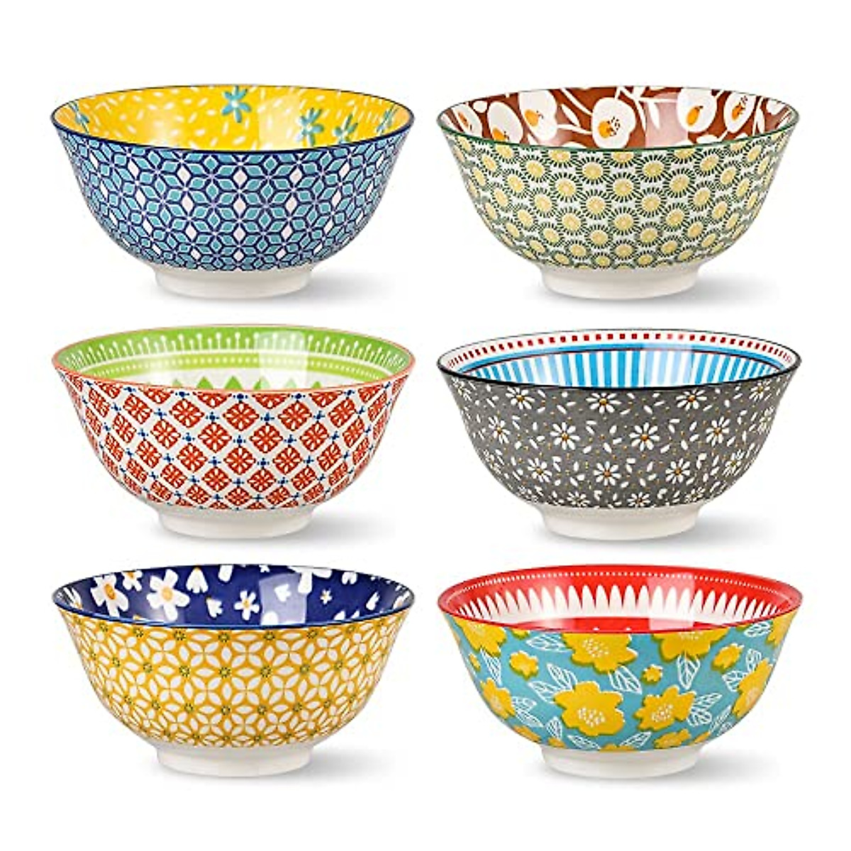 Porcelain Soup Cereal Bowls Set - Ceramic Bowls for Kitchen 23 oz - 6 Colorful Patterned Cute Bowl Sets - 6 Inch Deep Bowls for Oatmeal | Oat | Noodle | Breakfast - Dishwasher and Microwave Safe