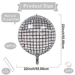 10 Pieces 22 Inches Large Silver Disco Ball Balloons - Large 4D Round Foil Mylar Mirror Balloons for Retro 70s Disco Dance Decorations Birthday Wedding Graduation Party Supplies