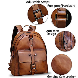 LRTO Genuine Leather Backpack for Women Vintage Travel Daypack Casual College Backbag Handmade Cowhide Rucksack (Brown) Medium