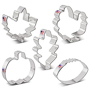 Fall Thanksgiving Cookie Cutters 5-Pc. Set Made in USA by Ann Clark, Maple Leaf, Turkey, Oak Leaf, Pumpkin, Football