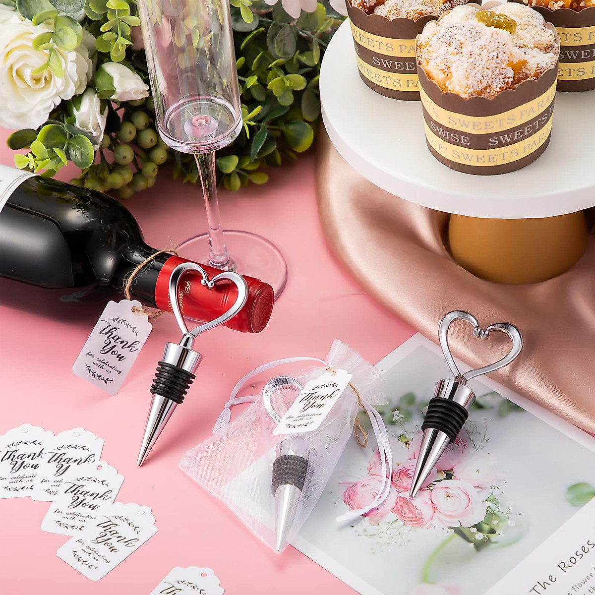 60 Pack Heart Shape Wine Stoppers Love Wine Bottle Stopper Silver Champagne Beer Bottle Stopper Decorative Wine Stopper with Sheer Bags, Labels for Wedding Gift Valentine's Day Decorations