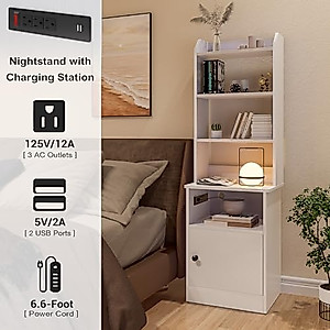 Aufvolr 6 Tier Bookshelf with Cabinet，Tall Night Stand with Charging Atation, Wood Book Shelf Storage Organizer, Modern Display Standing Shelf Unit for Bedroom, Living Room, Office (White)