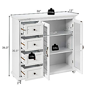 Giantex Buffet Sideboard, Wood Storage Cabinet, Console Table with 4 Drawers, 2-Door Credenza, Living Room Dining Room Furniture, Buffet Server, Kitchen Pantry Cupboard (White)
