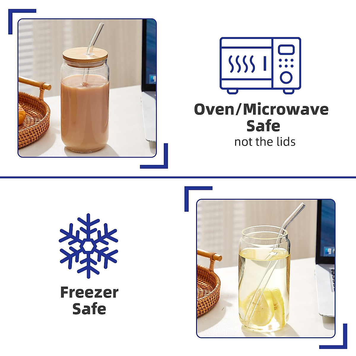 Mzowgzk 6pcs Set-16oz, Glass Cups with Bamboo Lids and Glass Straw - Beer Can Shaped,CuteTumbler Cup,Soda,deal for Cocktail,Iced Coffee Cups,6 Cleaning Brushes glass cups with lids and straws