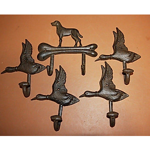 Southern Metal Duck Hunter Rustic Home Decor, Cast Iron Duck Retriever Dog, Bundle of 5 Coat Hat Wall Hooks