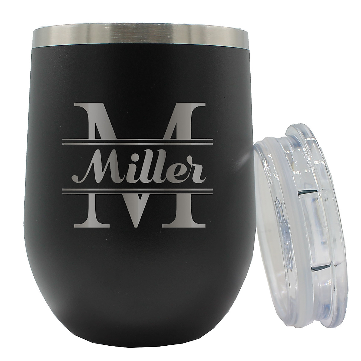 The Wedding Party Store Personalized 12 oz Insulated Stemless Wine Tumbler - Custom Engraved and Monogrammed (Black)