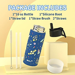 Mollcity 16 oz Stainless Steel Vacuum Insulated Water Bottle with Straw Lid-Reusable Metal Water Flask for School, Boys | Girls-Space