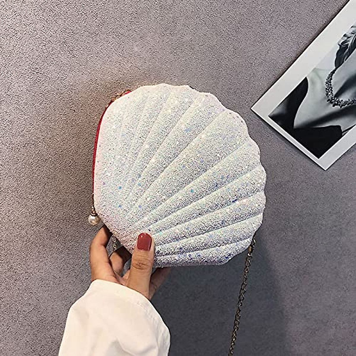 Glittering Crossbody Bags for Women, Chain Strap Pearl Shoulder Bag, Seashell Purses, Mermaid Clutch Handbag