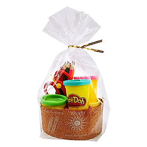 Wowfit 50 CT 8” x 12” Clear Flat Cellophane Treat Bags with 6” Gold Twist Ties, Cello Packaging for Mugs, Dessert, Muffins, Party Favors and Gift Wrapping