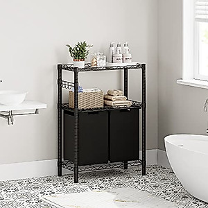 Laundry Sorters with 2 X 45L Laundry Bags & 2 Tier Adjustable Storage Shelf, Pull-Out and Removable Oxford Fabric Laundry Baskets, Black