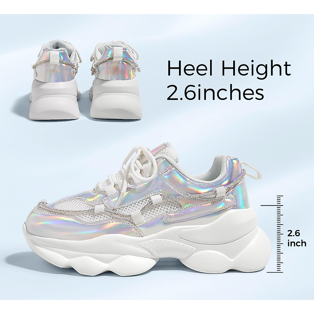 LUCKY STEP Women's 90s Chunky Sneakers Sparkly Bling Rhinestone Rope Platform Casual Thick Dad Rave Walking Shoes(Hologram Silver,7 B(M) US)