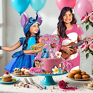 Compr Pink Cake Topper- 12Pcs Blue Cartoon Cake Decorations for Girls Boys Kids Birthday Party Baby Shower Summer Party Supplies