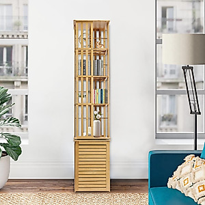 Veloqua Bookcase, Bookshelf Corner Bamboo Book Shelf 6-Tier 360° Rotating Storage Display Rack Narrow Bookshelf with Open Design Shelving Used in Office Bedroom Study Living Room Hallway (Burlywood)