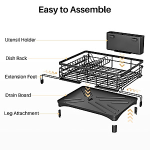 Dish Drying Rack - Extendable Dish Rack, Large Sink Drying Dish Drainer for Kitchen Counter, Stainless Steel Dish Strainer with Utensil Holder (Black)