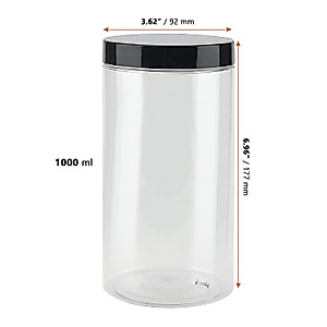 LEXININ 12 PCS 32oz Empty Round Plastic Jars, 1L Clear Plastic Jars with Black Lids, 1000ml Plastic Round Spice Jars for Kitchen Home