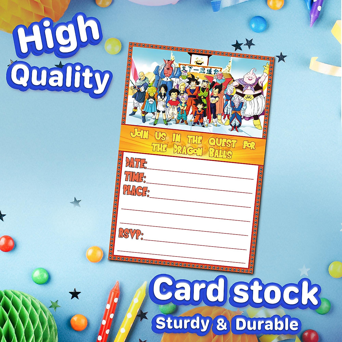 NATURAL BEHAVIOUR Set of 20 Anime Cartoon Ball-Themed Happy Birthday Invitation Cards & Envelopes - Lightweight (240g), Postcard Style Invites for the Perfect Party Pack