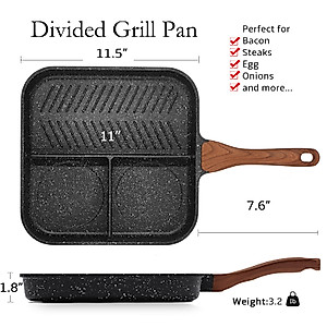 ESLITE LIFE Nonstick Divided Breakfast Grill Pan for Stove Tops, 11 Inch 3-In-1 Versatile Square Big Grill Skillet Pan for Indoor Cooking & Outdoor Grilling, PFOA Free, Black