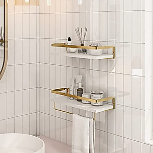 Afuly Floating Shelves White Hanging Shelves Wall Shelf for Toilet Bathroom Kitchen Bedroom Brass Wall Mounted Modern Luxury, Set of 2