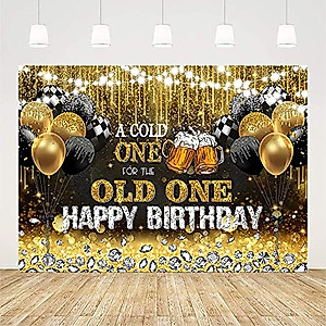 AIBIIN 7x5ft Happy Birthday Backdrop for Men A Cold One for The Old One Black and Gold Glitter Balloon Photography Background 30th 40th 50th Bday Beer Party Decoration Banner Photo Shoot Studio Props
