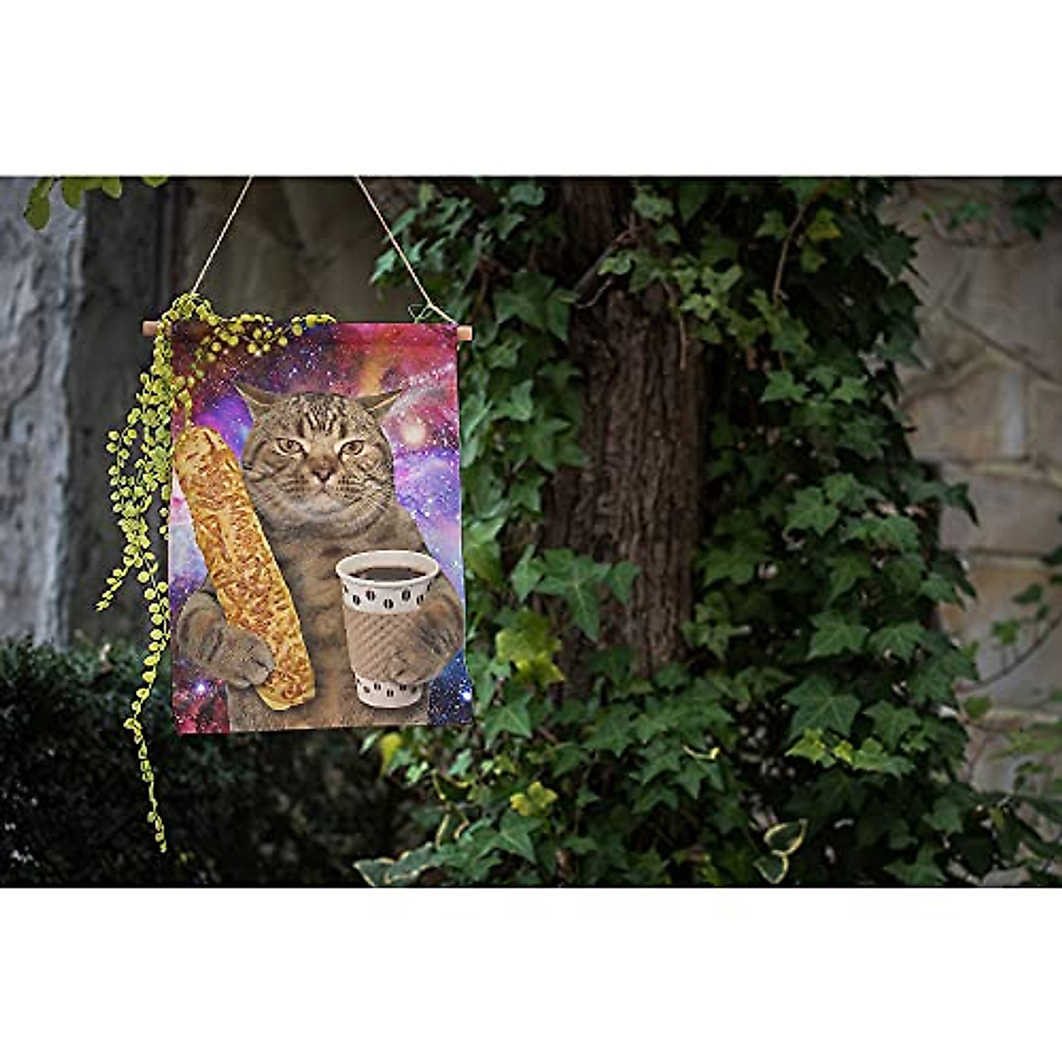 Moslion Funny Cat Garden Flag Vertical Double Sided Kitten with Bread Coffee on Starry Sky Cute Animal House Flags Home Burlap Banners 12.5x18 Inch for Outdoor Decor Lawn