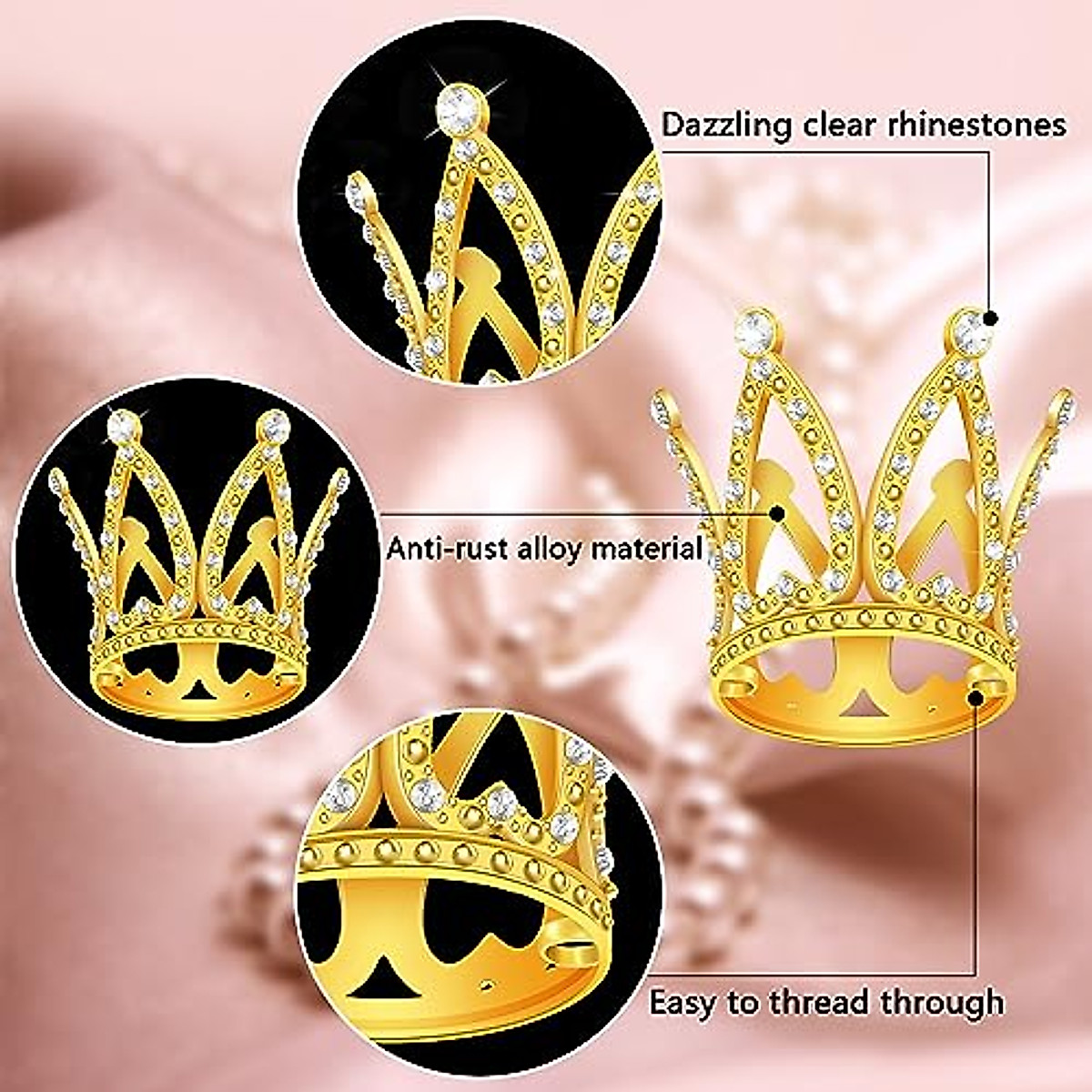 16 PCS Mini Crown Cake Topper Princess Tiara Crown Cupcake Toppers Queen Rhinestone Headpiece for Royal Theme Wedding Baby Shower Bridal Shower Birthday Party Cake Decor(Gold)