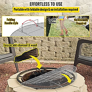 VEVOR Fire Pit Grates, Foldable Round Cooking Grate, Stainless Steel Tight Grid Campfire BBQ Grill with Portable Handle for Outdoor Picnic Party & Gathering, Silver (36 inch-With Handle)