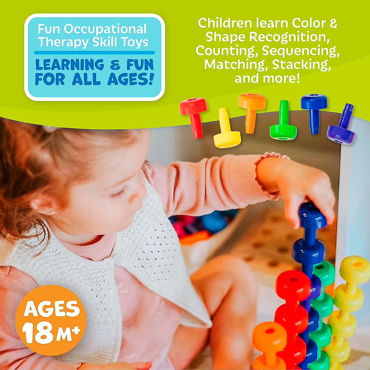 Skoolzy Montessori Sensory Peg Board 34 Piece Set - Develop Sensory Play Occupational Therapy STEM Learning Educational Toys for Kids 2+ - Includes Foam Board, Lacing String, Dice, Storage Bag, eBook