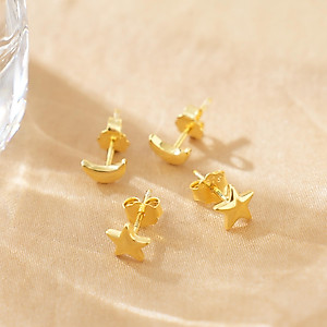 Moon Star Stud Earrings 18k Gold Plated Sterling Silver Crescent Moon Earrings for Women Dainty Night Sky Earrings
