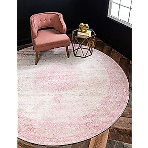 Rugs.com Dover Collection Rug – 5 Ft Round Pink Low-Pile Rug Perfect for Kitchens, Dining Rooms