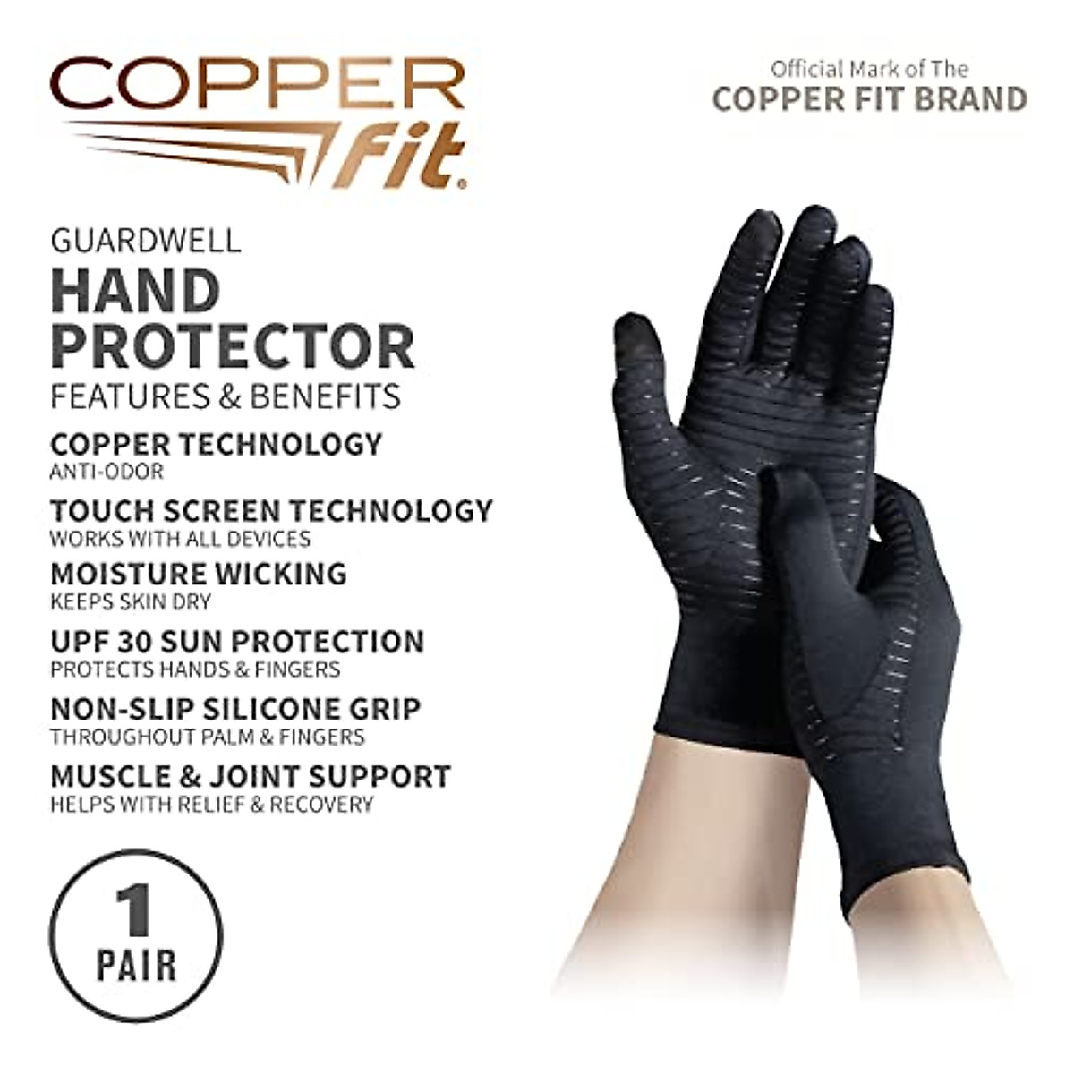 Copper Fit Guardwell Gloves Full Finger Hand Protection, Small/Medium, Black