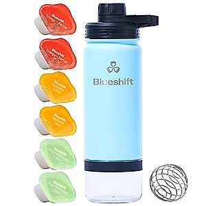 Blueshift Sidekick Stainless Steel Water Bottle, 18 Fl Oz Shaker Bottle With Blend Ball and Protein Storage Compartment, Includes 6 Superblend Supplements Inside Bottle (Sky)