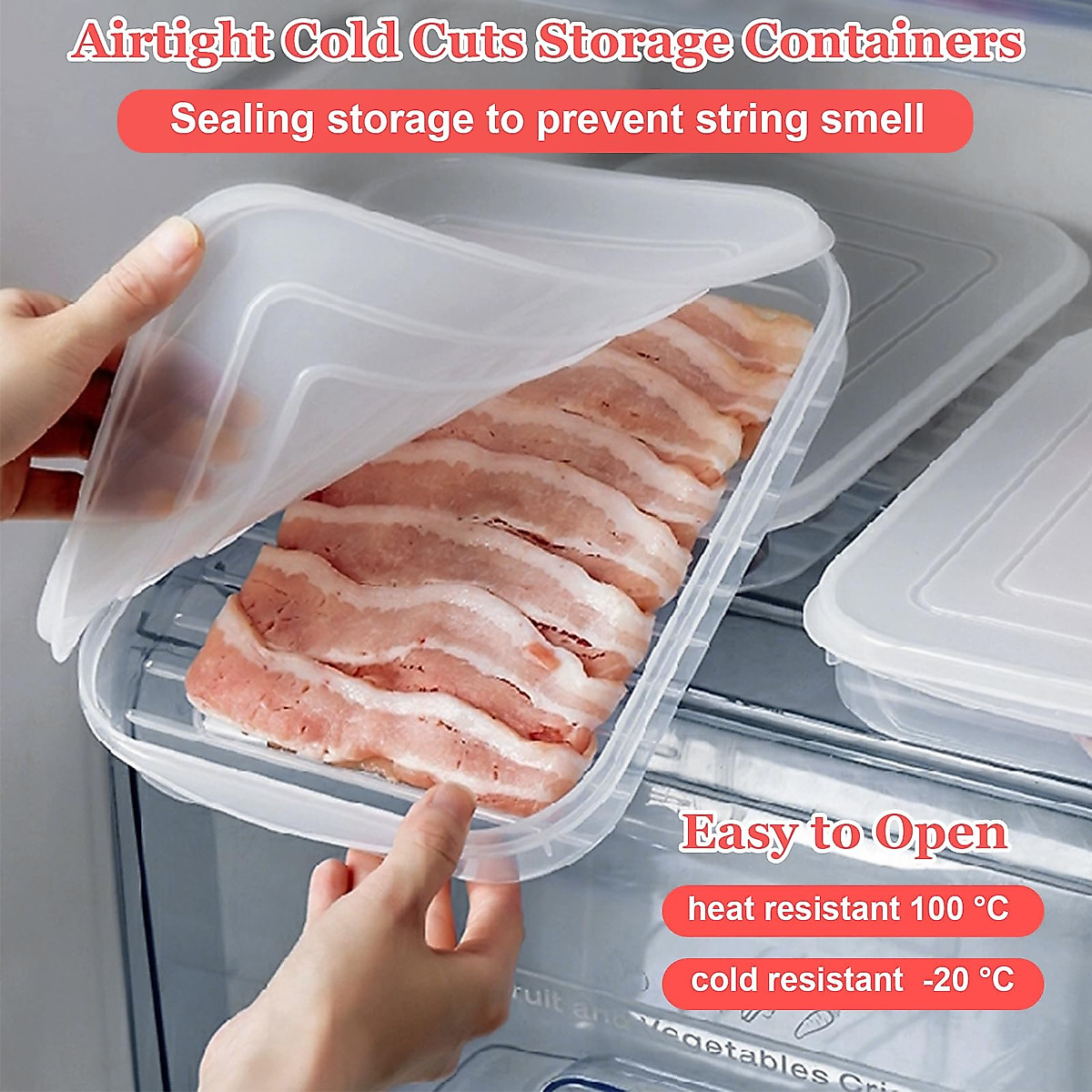 WOPPLXY 6 Pack Bacon Keeper, Plastic Deli Meat Container with Lids, Airtight Cold Cuts Storage Containers for Fridge Storage Box Food Shallow Low Profile Bacon Holder with 3 Pcs Buffet Serving Tongs