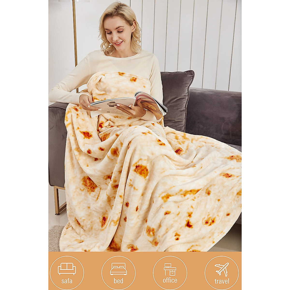 Denkee Tortilla Blanket 71 inches, Tortilla Throw Blanket for Adult and Kids, Taco Blanket Double Sided, Realistic Food Blanket, Funny Gifts for Kids Teenagers