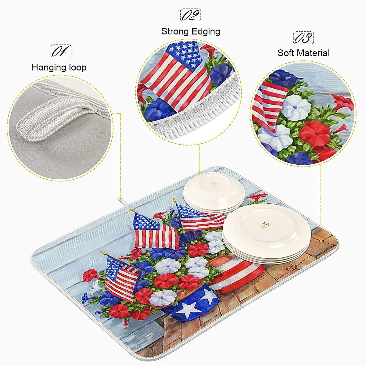 American Flag Spring Summer Flower Poppy Dish Drying Mat 18x24 for Kitchen Memorial Independence Day 4th of July USA Flag Dishes Pad Dish Drainer Rack Mats Absorbent Fast Dry Kitchen Accessories
