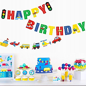 Faisichocalato Transportation Happy Birthday Banner Car Bus Train Plane Ship Helicopter Traffic Light Photo Props Garland for Kids Transportation Theme Birthday Party Decorations Baby Shower Supplies