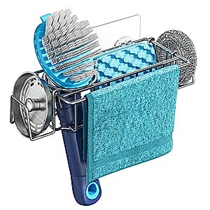 SWTYMIKI 5 in 1 Sponge Holder for Kitchen Sink, Stainless Steel Sink Caddy with Dishcloth Holder for Brush & Sponge in Sink Sponge Caddy with 2 Strong Adhesives in Silver