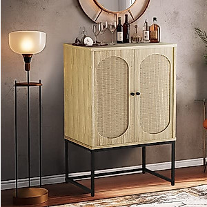 Lamerge Natural Rattan Cabinet Set of 2,Sideboard Buffet Cupboard Accent Cabinet with 2 Door,Adjustable Shelves,Free Standing Bookmatch,High Cabinet,RusticOak Beige