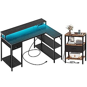 SUPERJARE L Shaped Gaming Desk with LED Lights & Power Outlets and Nightstand with Charging Station