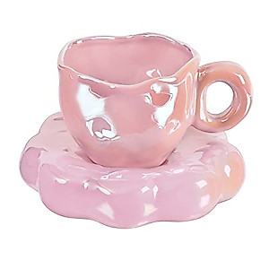 Koythin Ceramic Coffee Mug, Creative Cute Cream Sheen Cup with Sunflower Coaster for Office and Home, 6.5 oz/200 ml for Tea Latte Milk (Cream Pink)