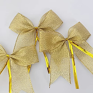 Micomon 50pcs 3-1/2" Metallic Gold Bows Twist Tie Bows for Gift Wrapping with Fish Tails (Gold)