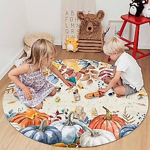 Blue Orange Thanksgiving Fall Round Area Rugs Collection 5', Non Slip Indoor Circular Throw Runner Rug Floor Mat Carpet for Living Room Dining Table Bedroom Nursery Maple Leaf Pumpkins Rustic